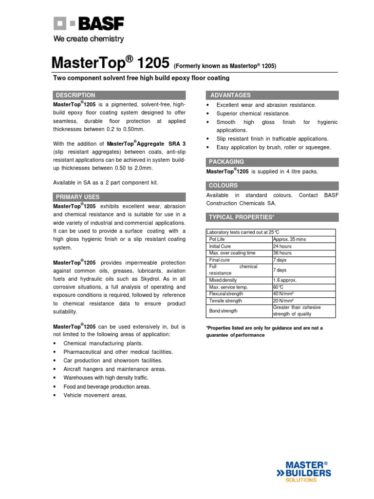 BASF MasterTop 1205 Data Sheet | PDF | Coating | Wear