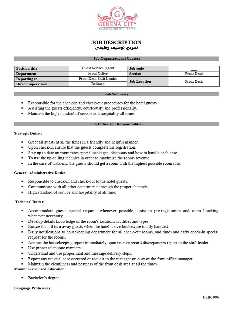 Guest Service Agent Job Description | PDF | Communication | Business