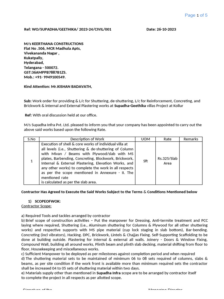 Supadha Work Order Copy 325 Keerthana Constructions | PDF | Employment ...