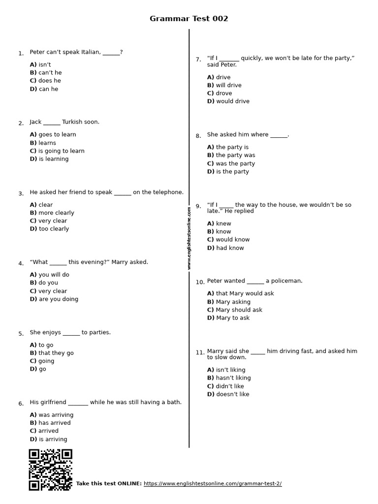 English Grammar Test for Beginners | PDF