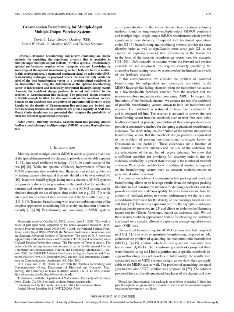 Grassmannian Beamforming For Multiple-Input Multiple-Output Wireless Systems | PDF | Mimo ...