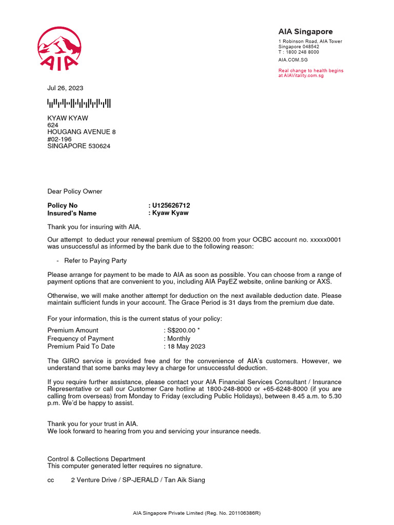 Notification of Unsuccessful Deduction | PDF | Insurance | Singapore