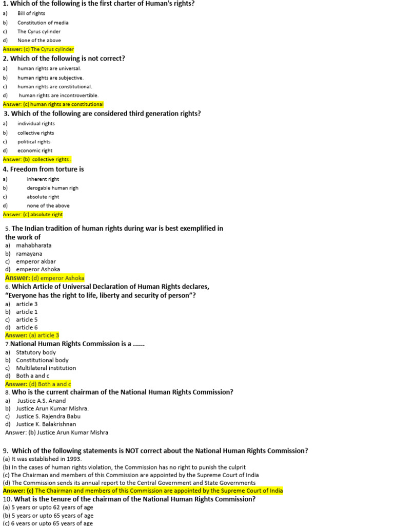 MCQ Question On Human Rights . | PDF | Human Rights | Government Of India