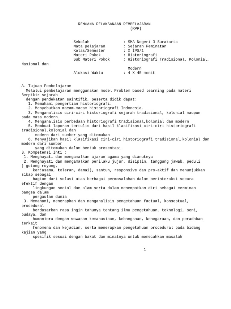 RPP KD 3 8 Historiografi Wonosobo | PDF | Seni & Disiplin Bahasa
