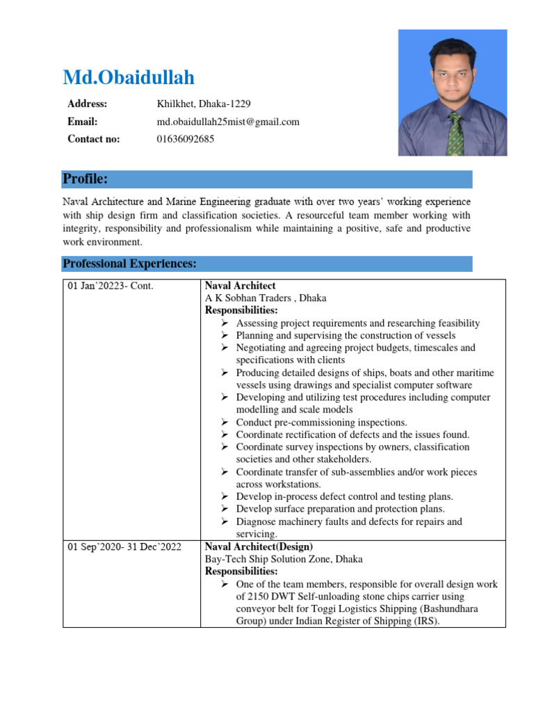 Resume of MD - Obaidullah | PDF | Naval Architecture | Ships