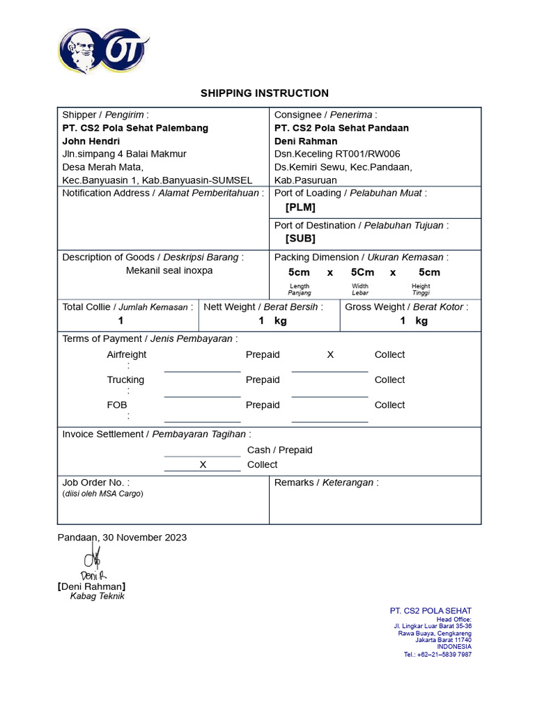 Shipping Instruction MS | PDF | Freight Transport