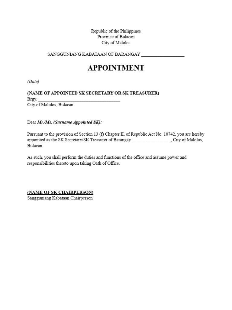 DRAFT Appointment and Resolution For SK Secretary and SK Treasurer | PDF