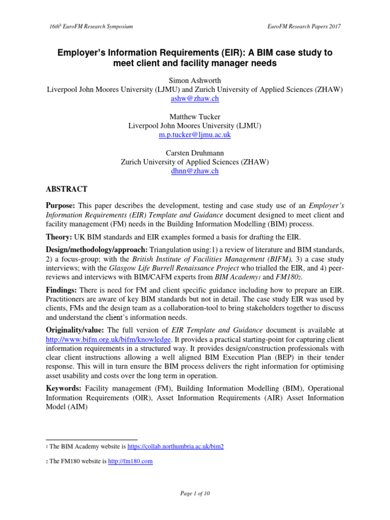 Employers Information Requirements EIR A BIM Case Study To Meet Client and Facility Manager ...