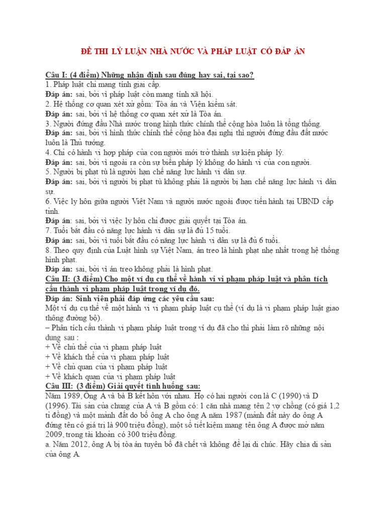 De Thi Ly Luan Nha Nuoc Va Phap Luat Vieclamvui | PDF