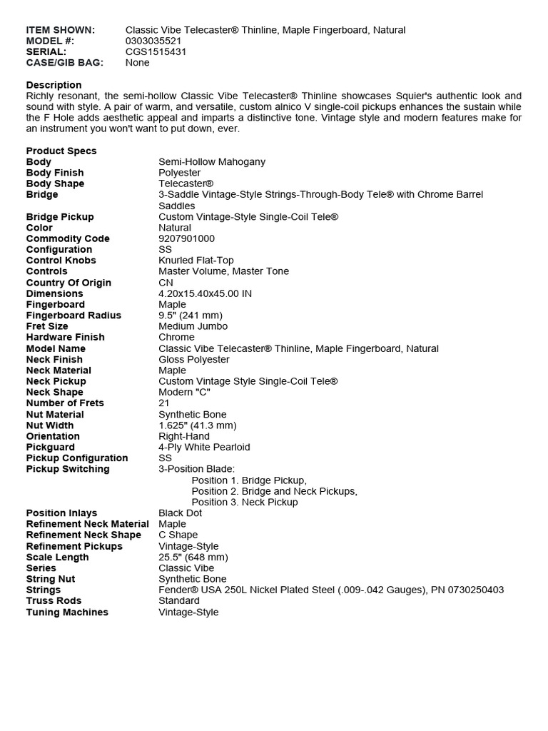 Classic Vibe Telecaster Thinline Natural | PDF