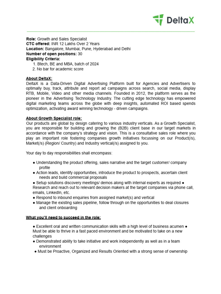 DeltaX - Growth and Sales Specialist - Job Description - Engg Campus Hiring 2024 | PDF | Sales ...