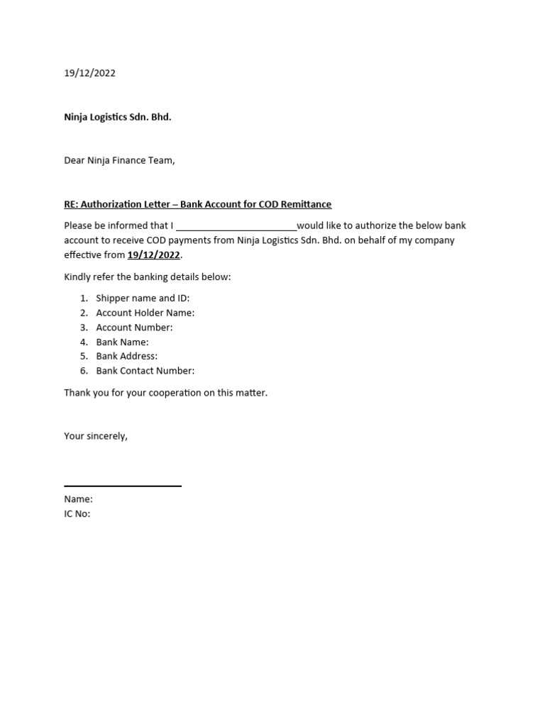 Authorization Letter - COD | PDF | Finance & Money Management