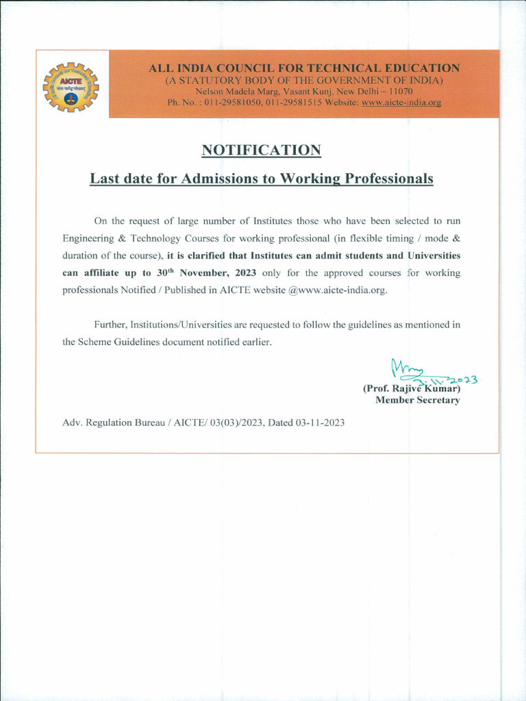 Notification For Admissions To Working Professionals | PDF