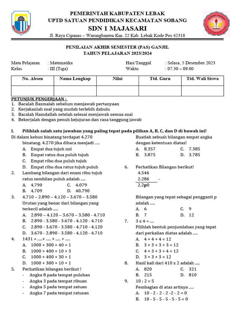 Soal Pas Ganjil Matematika Kelas Iii SDN 1 Majasari 2023-2024 | PDF | Metode & Bahan Ajar