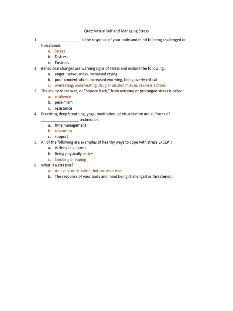 Stress Management Quiz | PDF