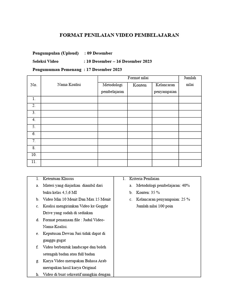 Format Penilaian Video Pembelajaran | PDF