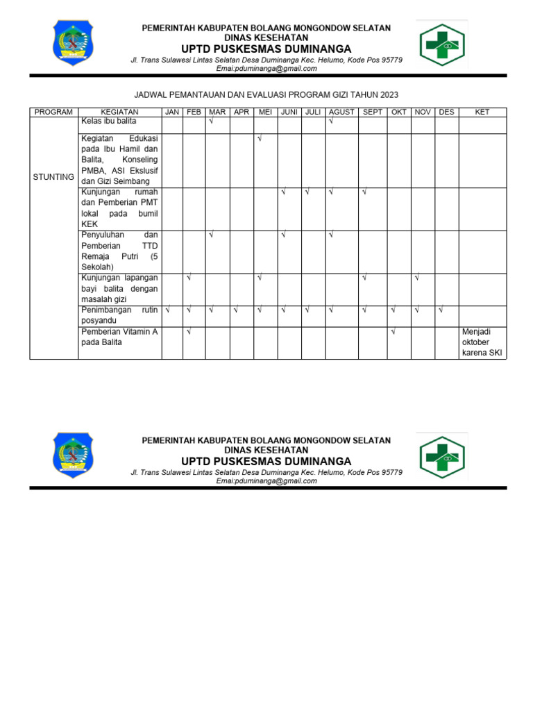 JADWAL PEMANTAUAN DAN EVALUASI PROGRAM GIZI TAHUN 2023 | PDF