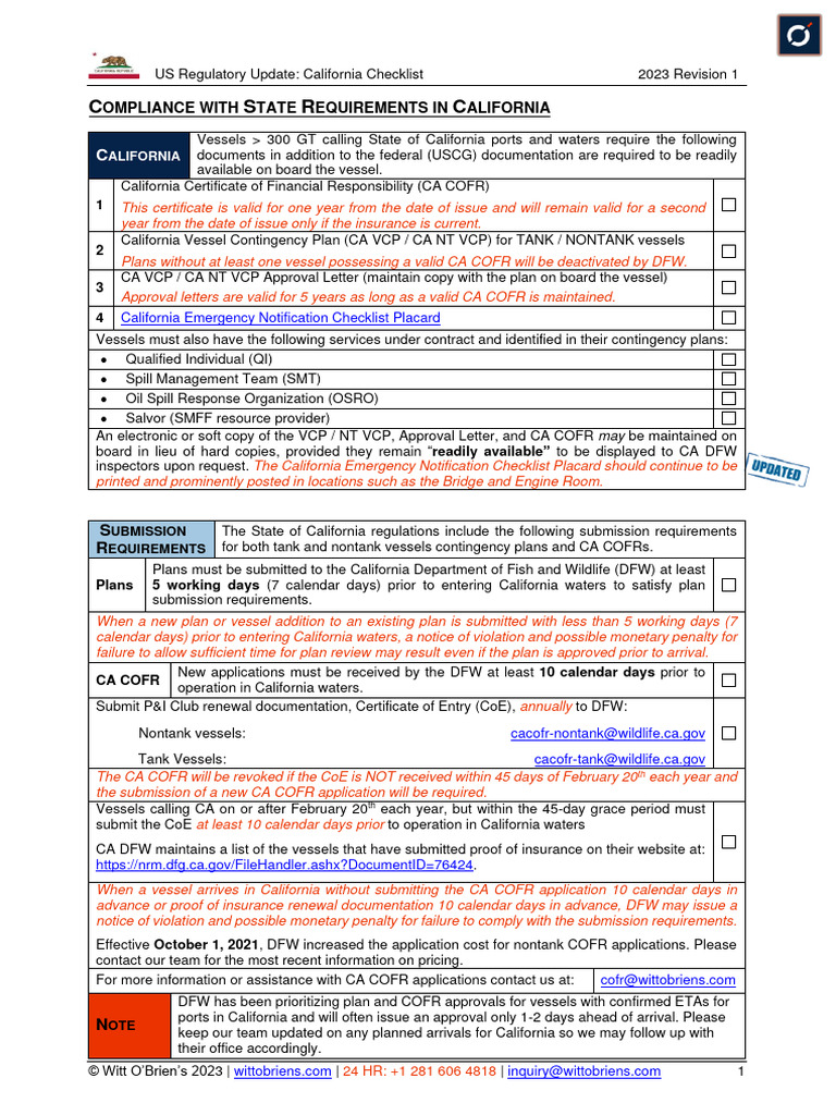 California Vessel Compliance Checklist | PDF | Fuel Oil | Oil Spill