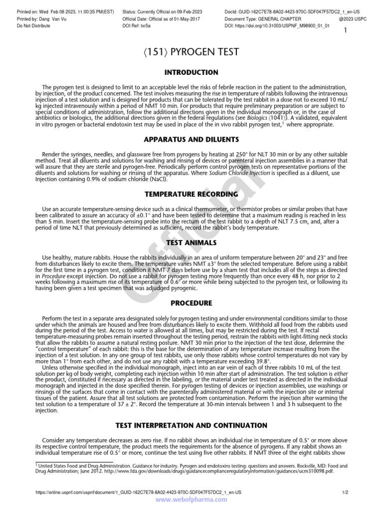 〈151〉 Pyrogen Test Pdf Injection Medicine Fever