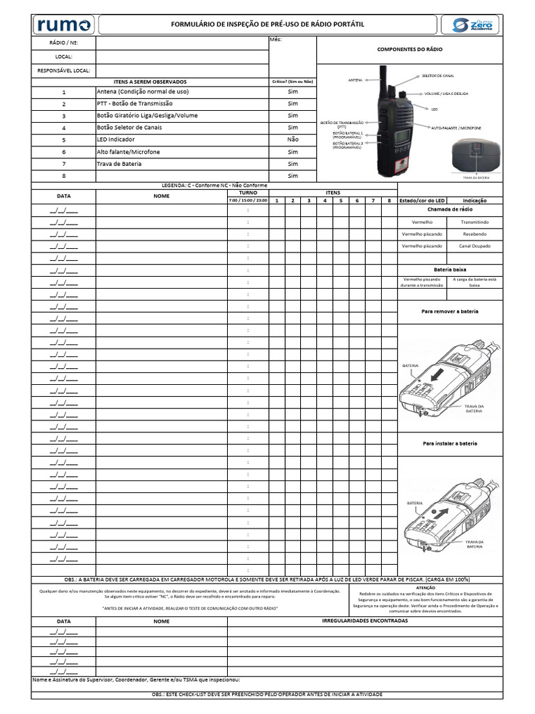 FORMULÁRIO DE INSPEÇÃO DE PRÉ-USO DE RÁDIO PORTÁTIL (1) (4) | PDF