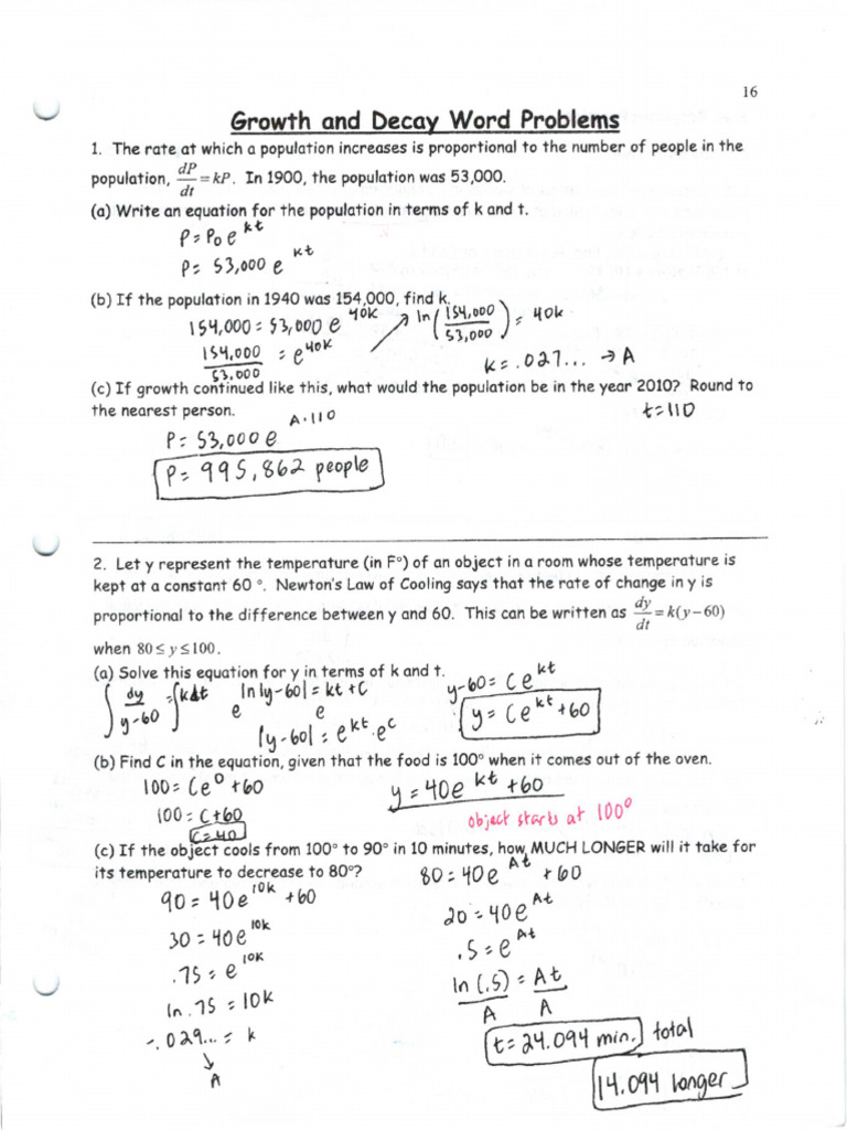 Growth and Decay Word Probs Solutions | PDF | Mathematics | Calculus
