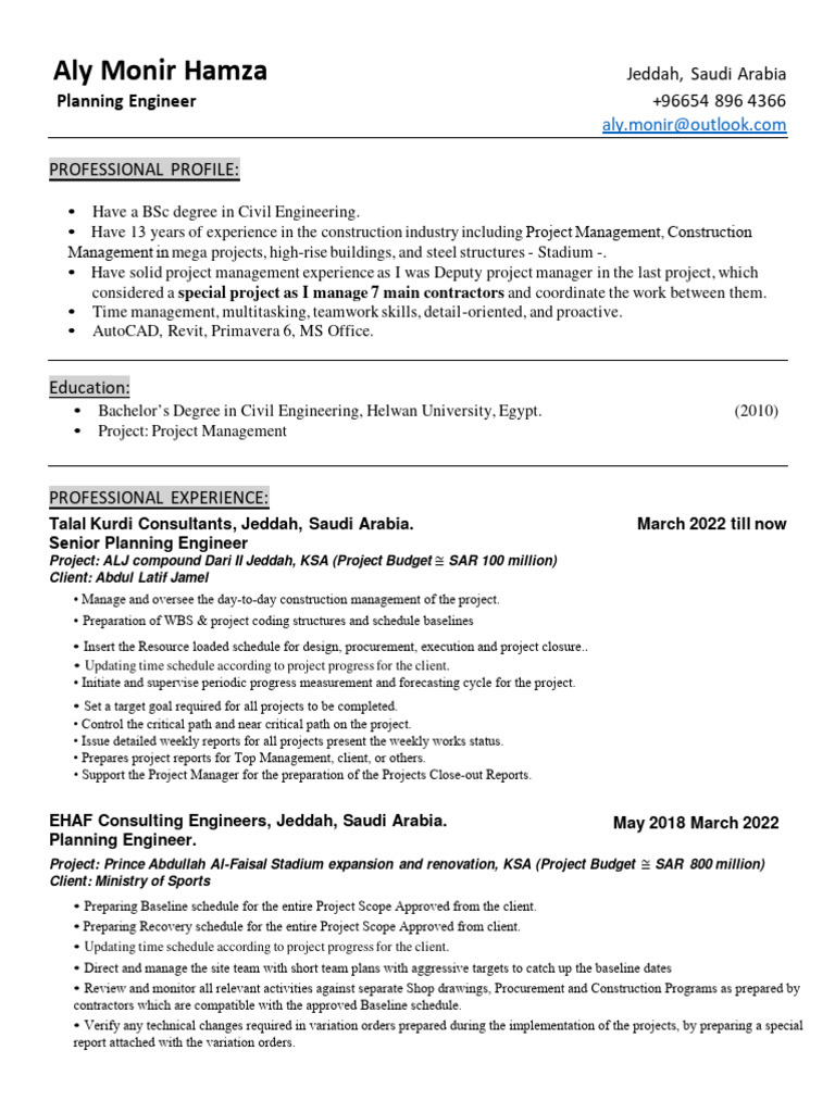 Resume Aly Monir- planning | PDF | Saudi Arabia | Engineering