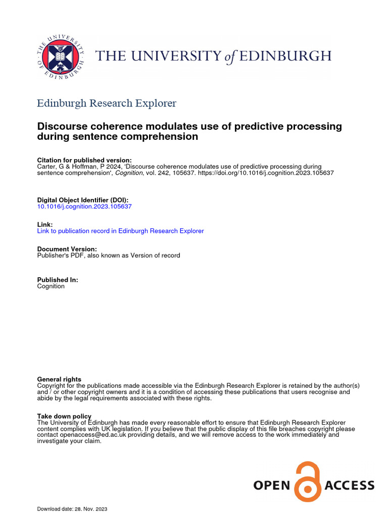 Discourse Coherence Use Of Predictive Proccessing Pdf Cognitive Science Science