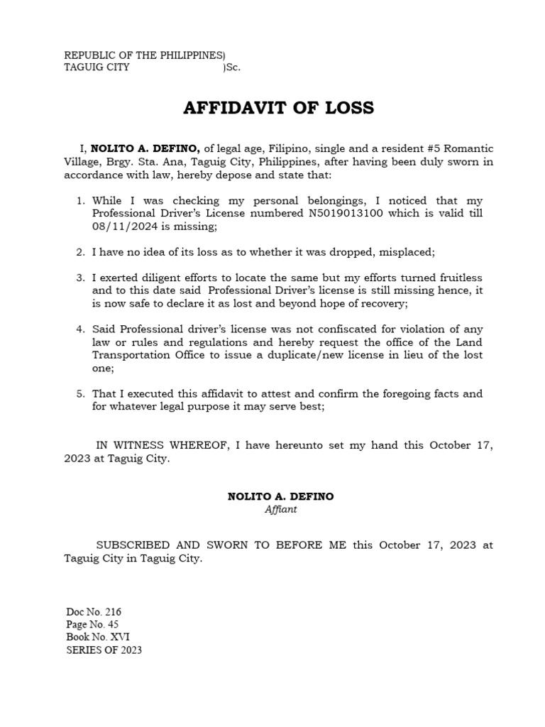Affidavit Loss (D. Lic) - Defino | PDF