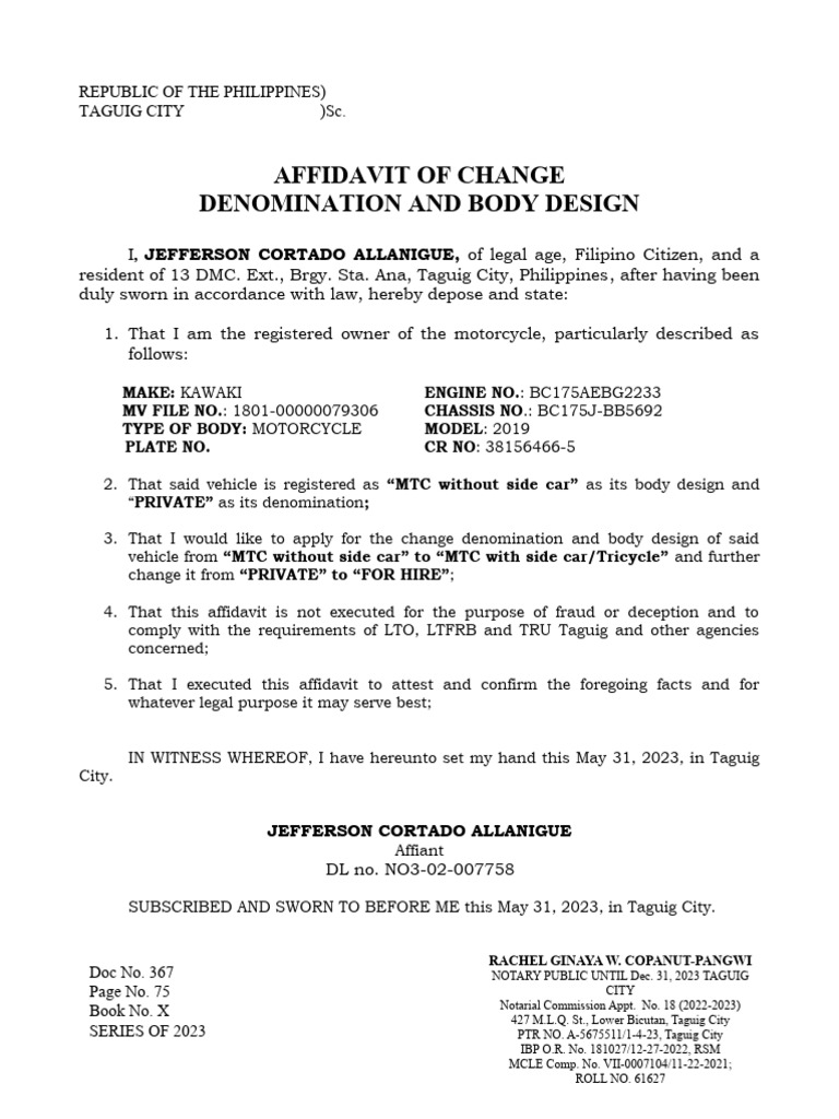 Affidavit of Change Denomination and Body Design (MC-TC)- A. DELA CRUZ ...