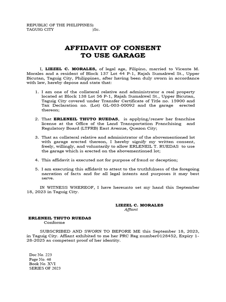 Affidavit of Consent to Use Garage | PDF