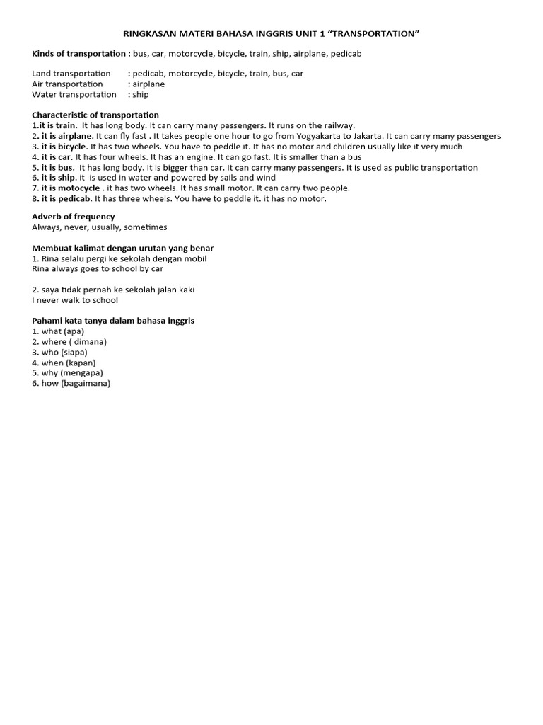 English Transportation Vocabulary Summary | PDF