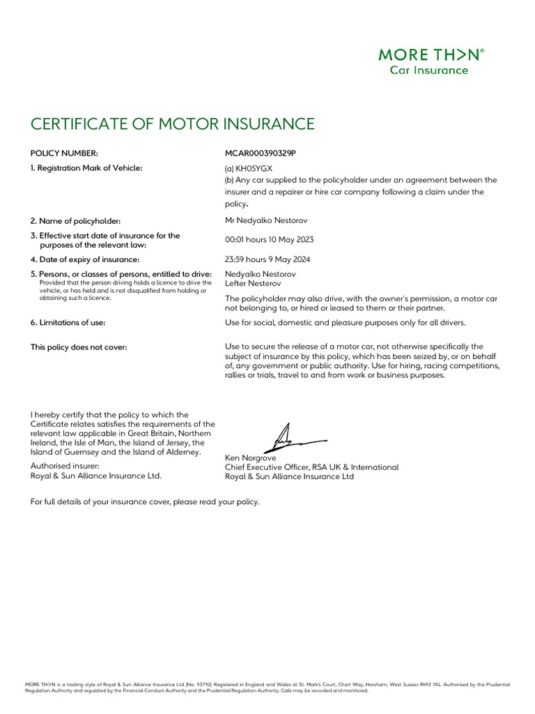 KH05YGX Your Certificate of Motor Insurance 2 | PDF | Vehicle Insurance ...