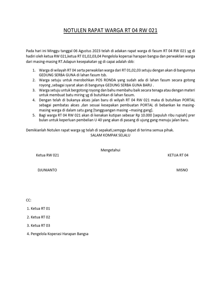 Notulen Rapat Warga RT 04 RW 021 | PDF
