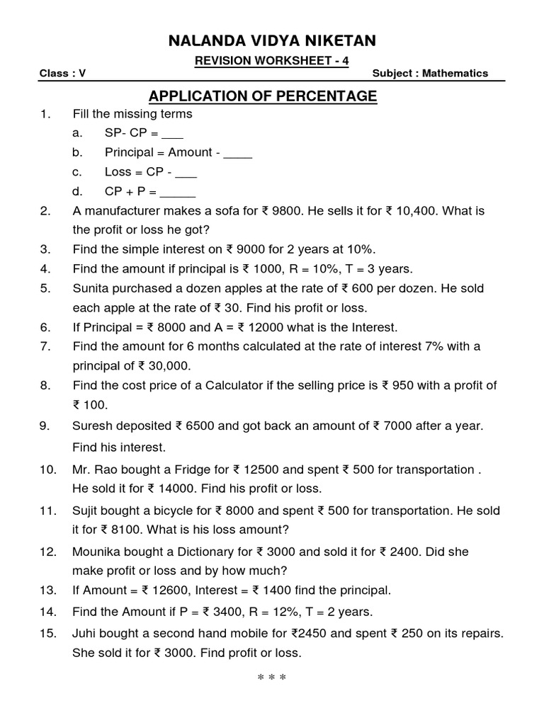 Class 5 Maths Revision Worksheet-4 Ch-Application of Percentage | PDF