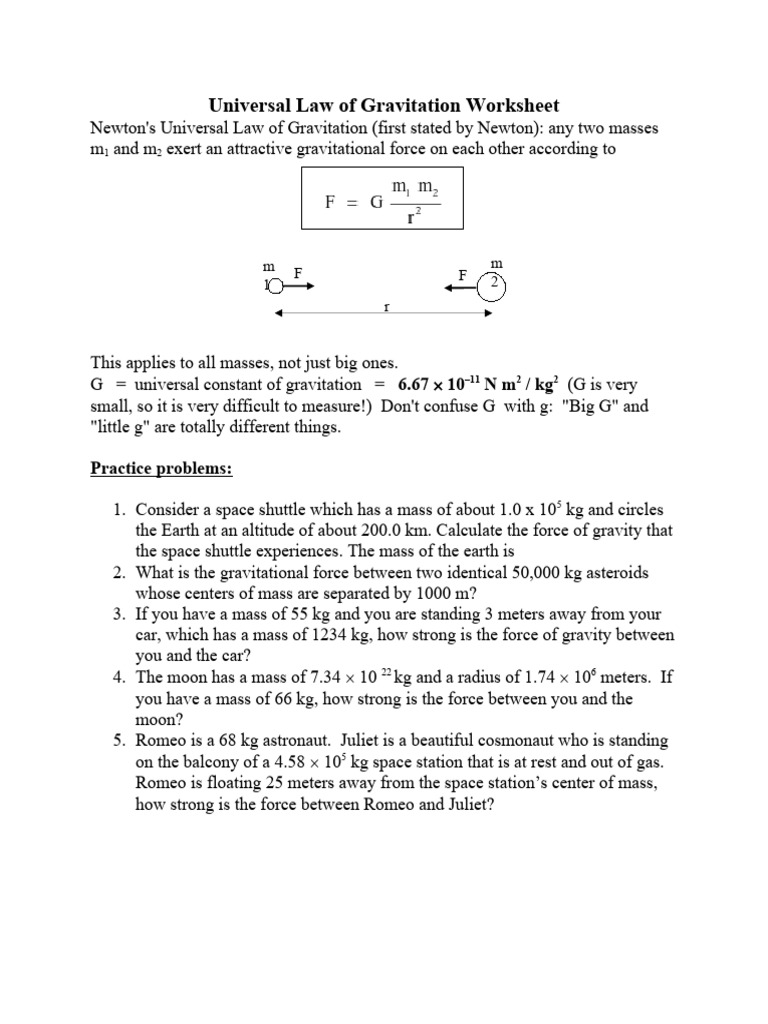 Universal Law of Gravitation Worksheet 2 | PDF