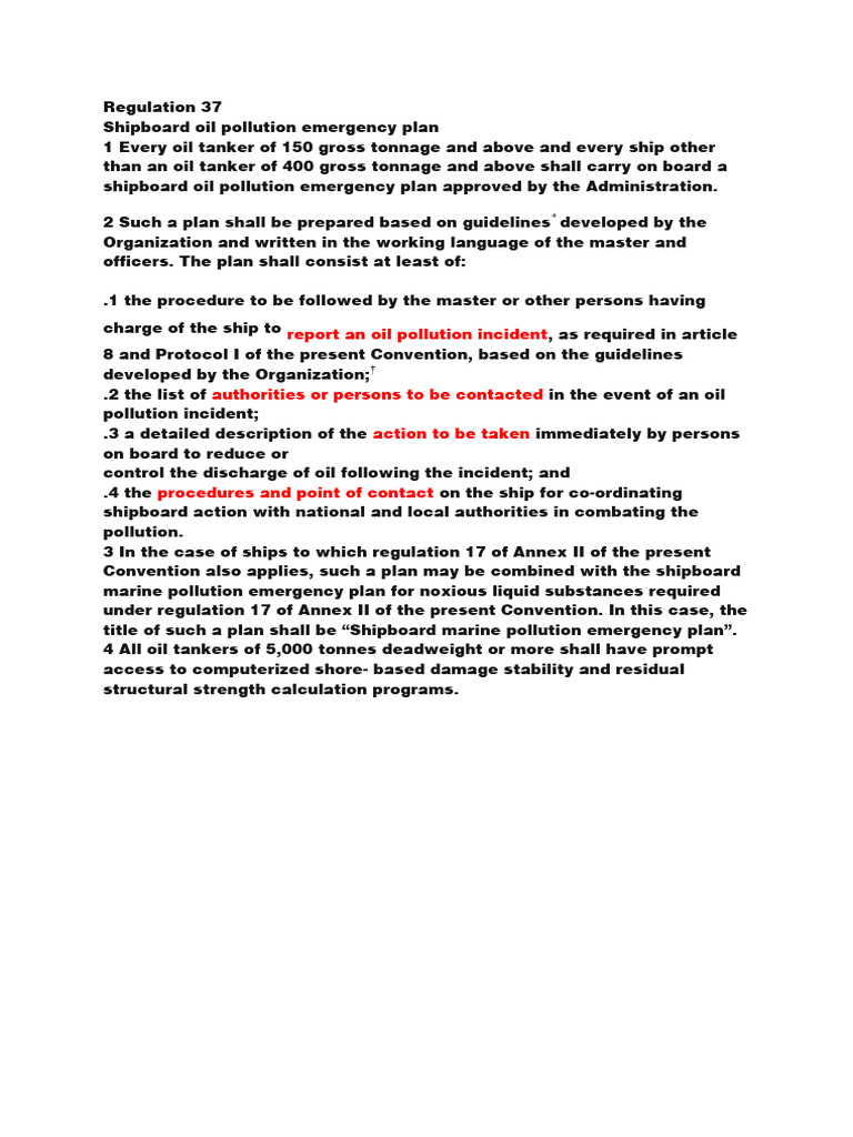 MARPOL ANNEX 1 Regulation 37 SOPEP | PDF