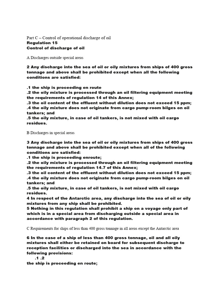 Annex 1 Reg 15 Control of Discharge of Oil | PDF | Oil Tanker | Ships