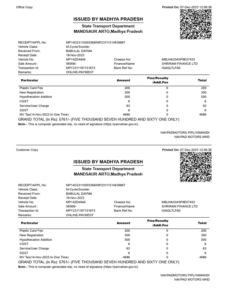 LTO Registration Receipt for M-Cycle | PDF | Receipt | Fee