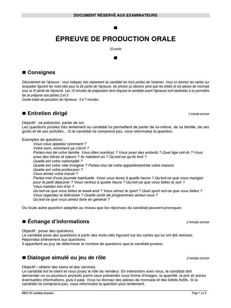 Production orale DELF A1 Junior | PDF | euro