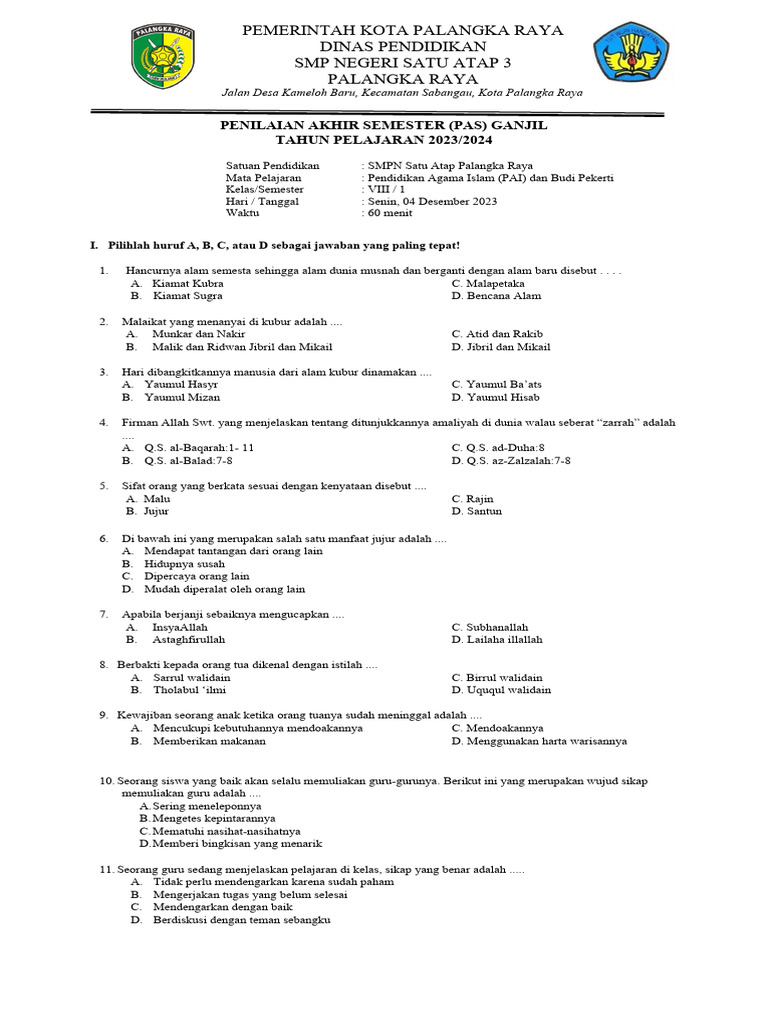 Naskah Soal Pas Ganjil Pai KLS 9 TP 2023-2024 | PDF