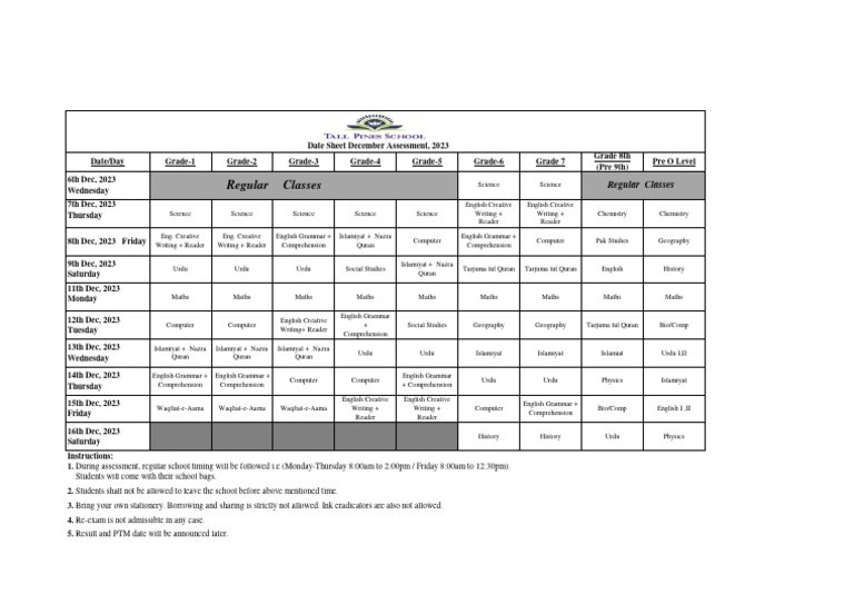 Grade 01-08 Revised Date Sheet For December Assessment 2023 | PDF | Science