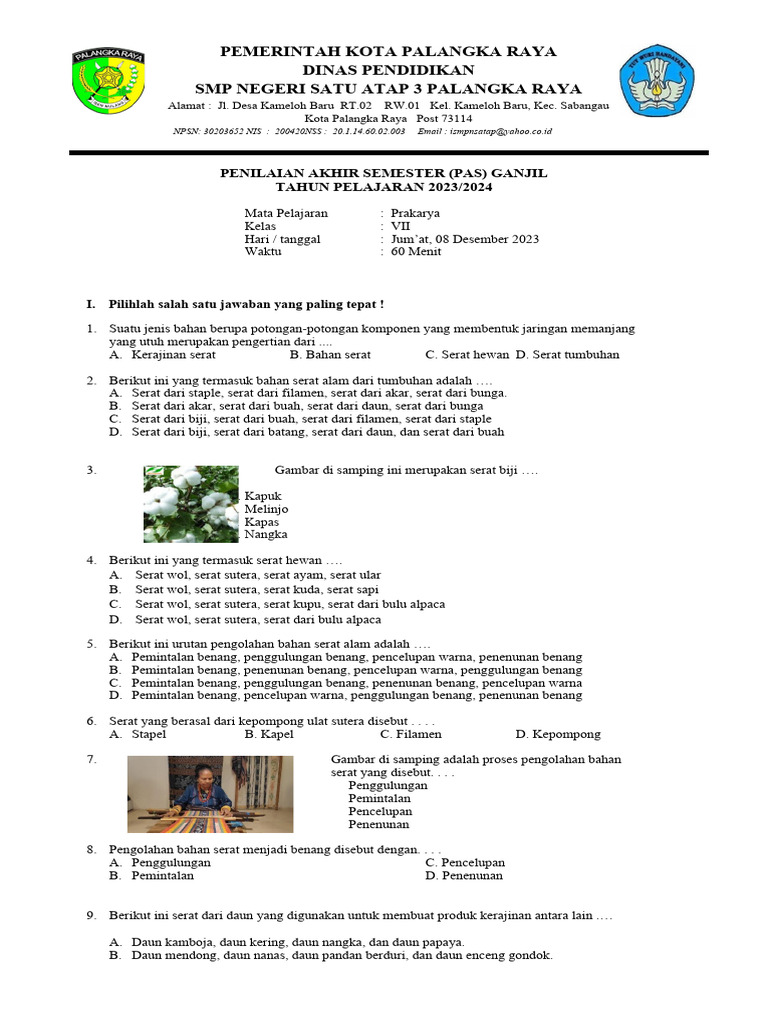 Naskah Soal Pas Ganjil - Prakarya Kelas 7 TP 2023-2024 | PDF