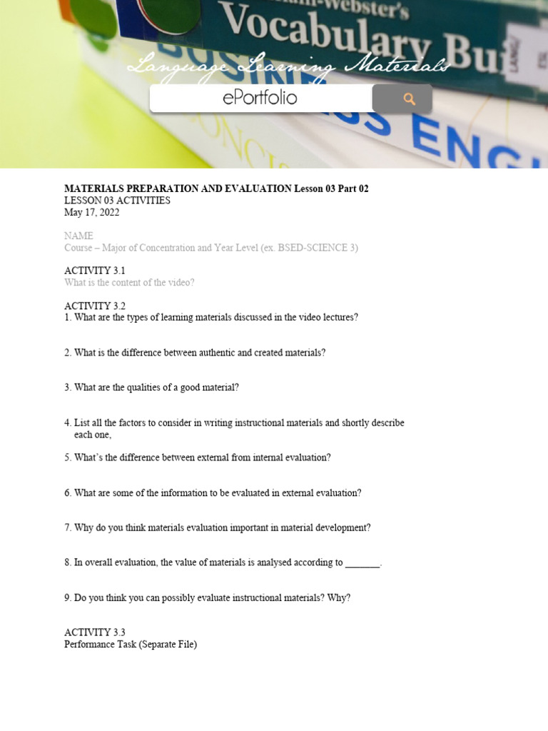Eportfolio 01 - Materials Preparation and Evaluation Lesson 03 Part 02 | PDF
