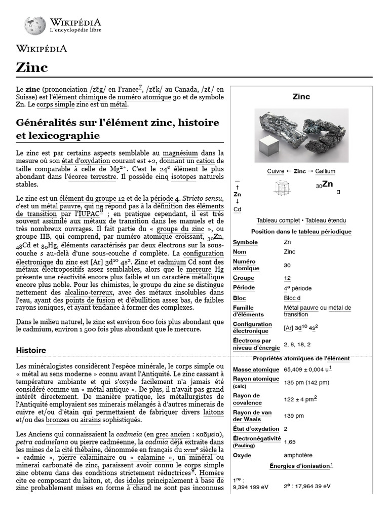 Zinc - Wikipédia | PDF | Zinc | Oxyde de zinc