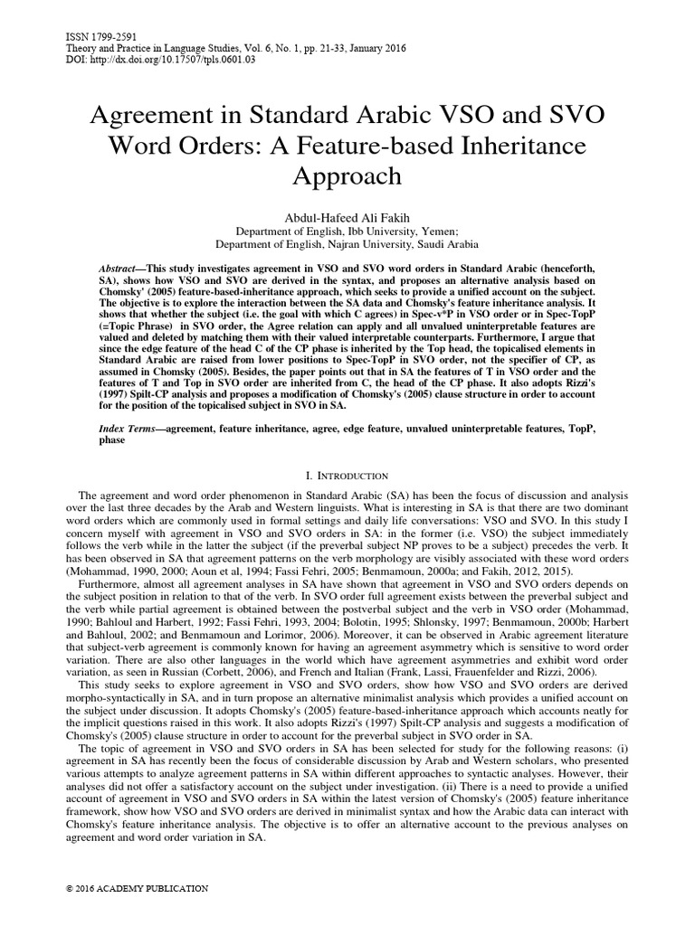 Arabic Agreement - Feature-Based | PDF | Syntax | Linguistic Morphology Arabic Agreement - Feature-Based | PDF | Syntax | Linguistic Morphology