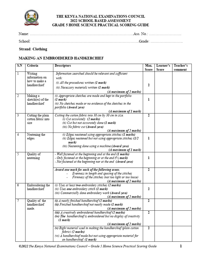Grade 5 Home Science Scoring Guide | PDF | Embroidery