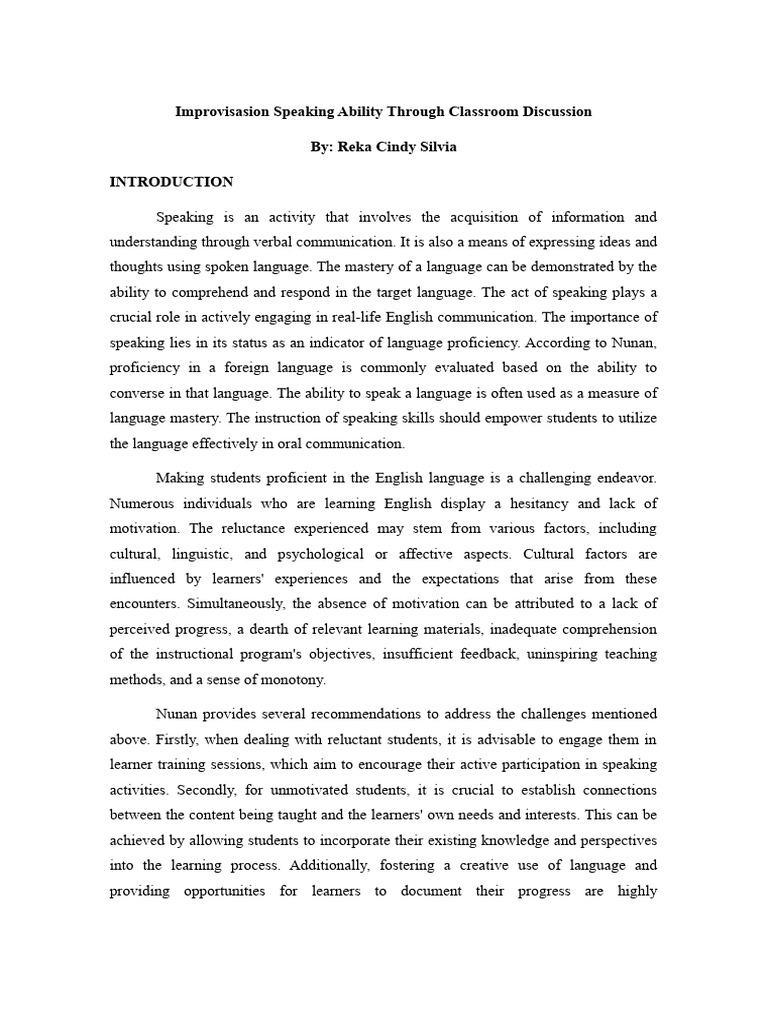 Improvisasion Speaking Skill Through Classroom Discussion-1 | PDF | Learning | Communication