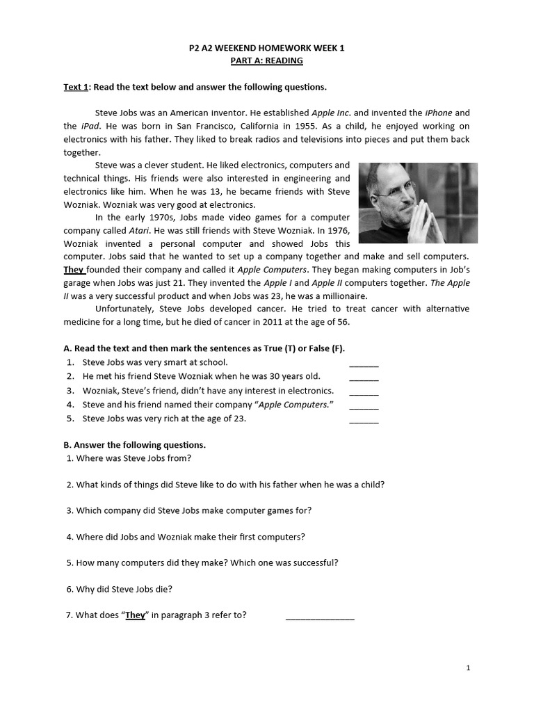 Steve Jobs Reading & Grammar Homework | PDF | Steve Jobs | Apple Inc.