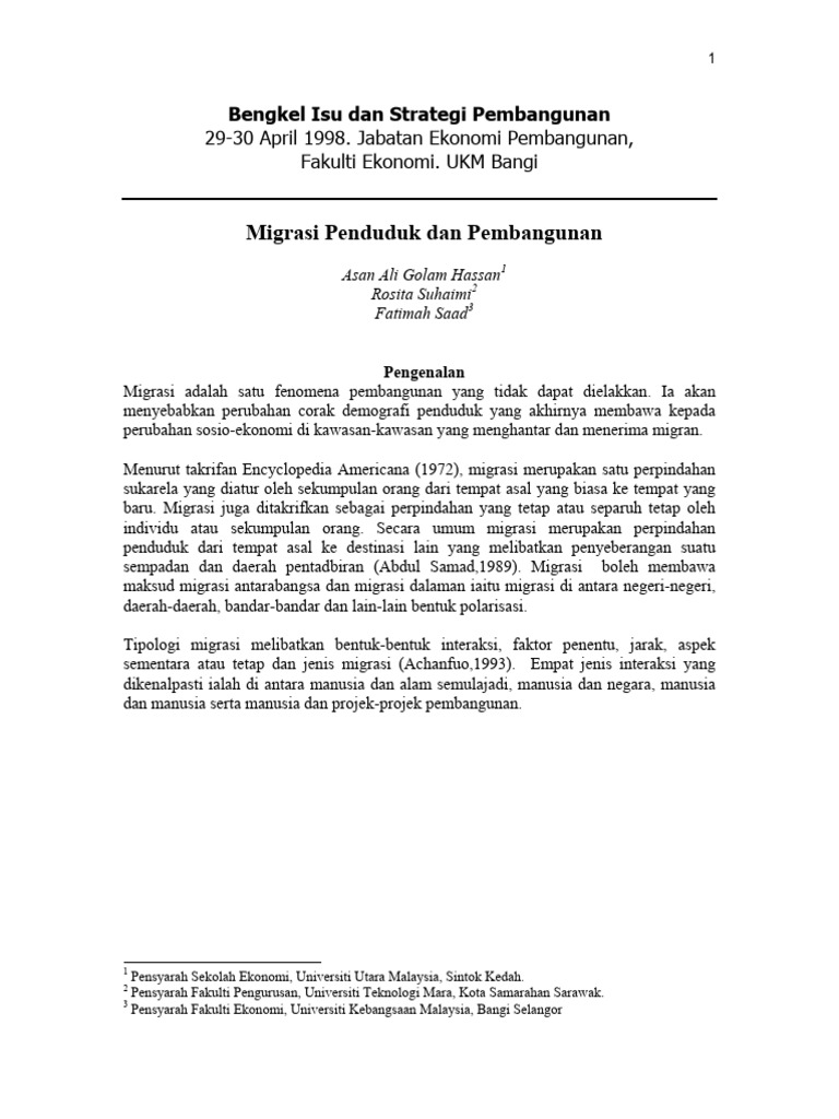 Migrasi Penduduk Dan Pembangunan: 29-30 April 1998. Jabatan Ekonomi ...