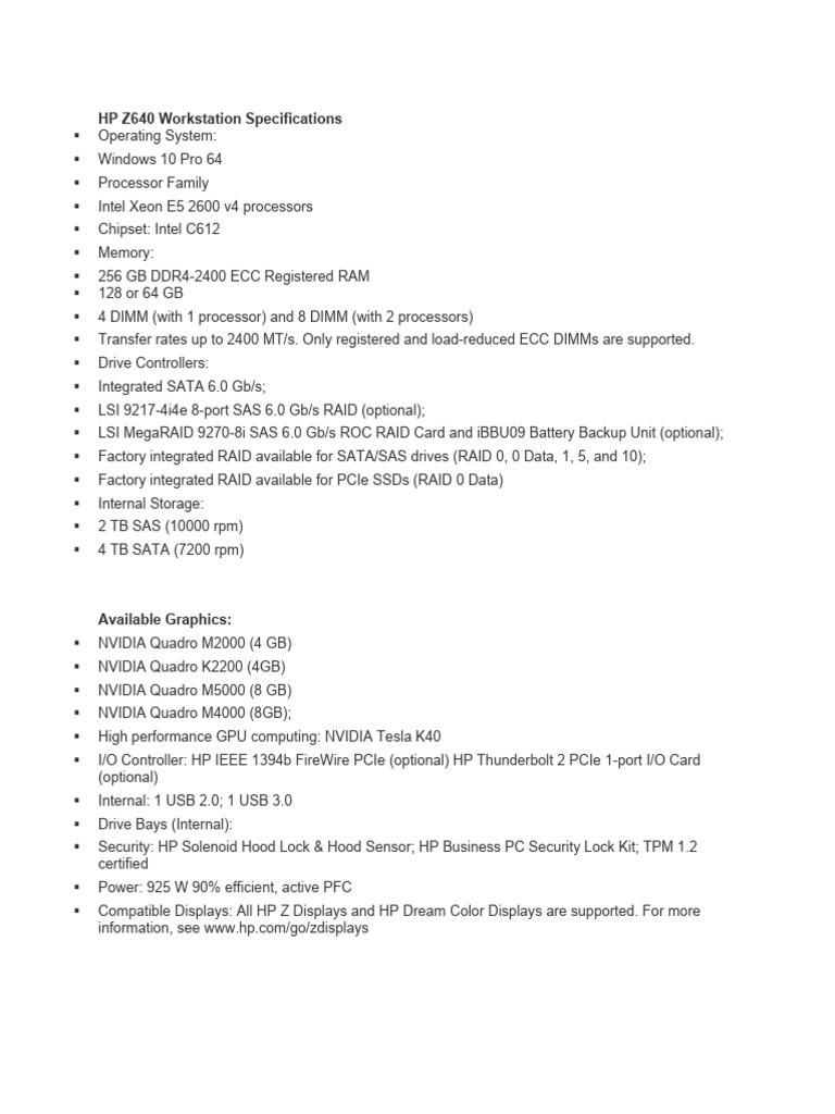 HP Z640 Workstation Specs Overview | PDF | Games & Activities